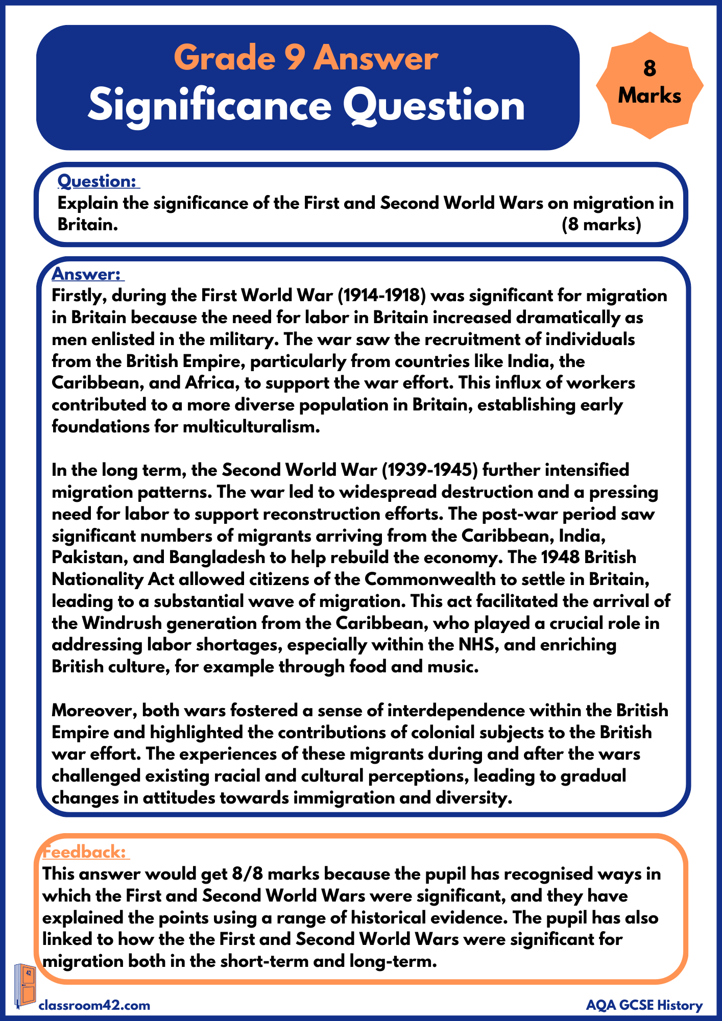 Significance Question – Example Answer AQA Migration – Classroom 42